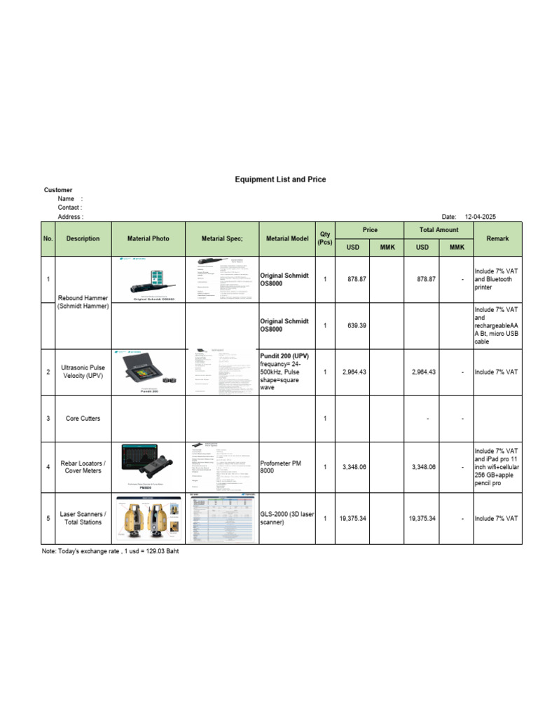 Equipment List and Pricing Details | PDF