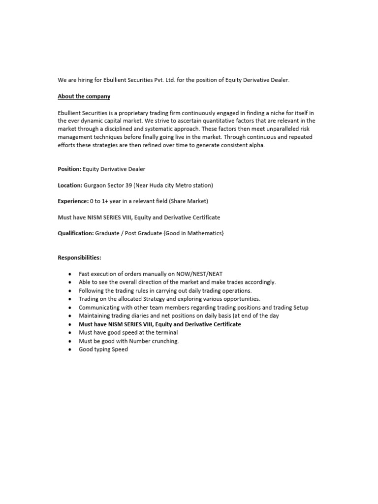 Equity Derivative Dealer Position Available | PDF