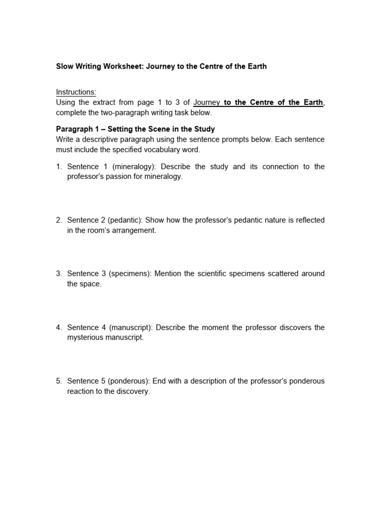 Journey To The Centre Slow Writing Worksheet 1 | PDF