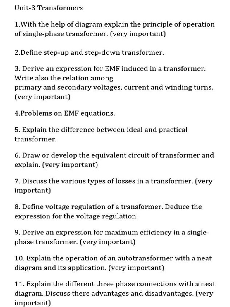 BEE Unit - 3 Imp Questions | PDF | Transformer | Electronics