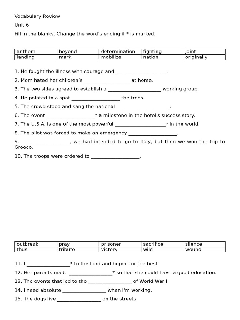Vocabulary Review Unit 6 | PDF