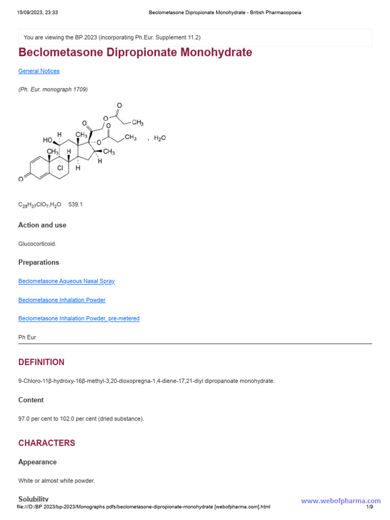 Beclometasone Dipropionate Monograph | PDF | Solubility | Elution