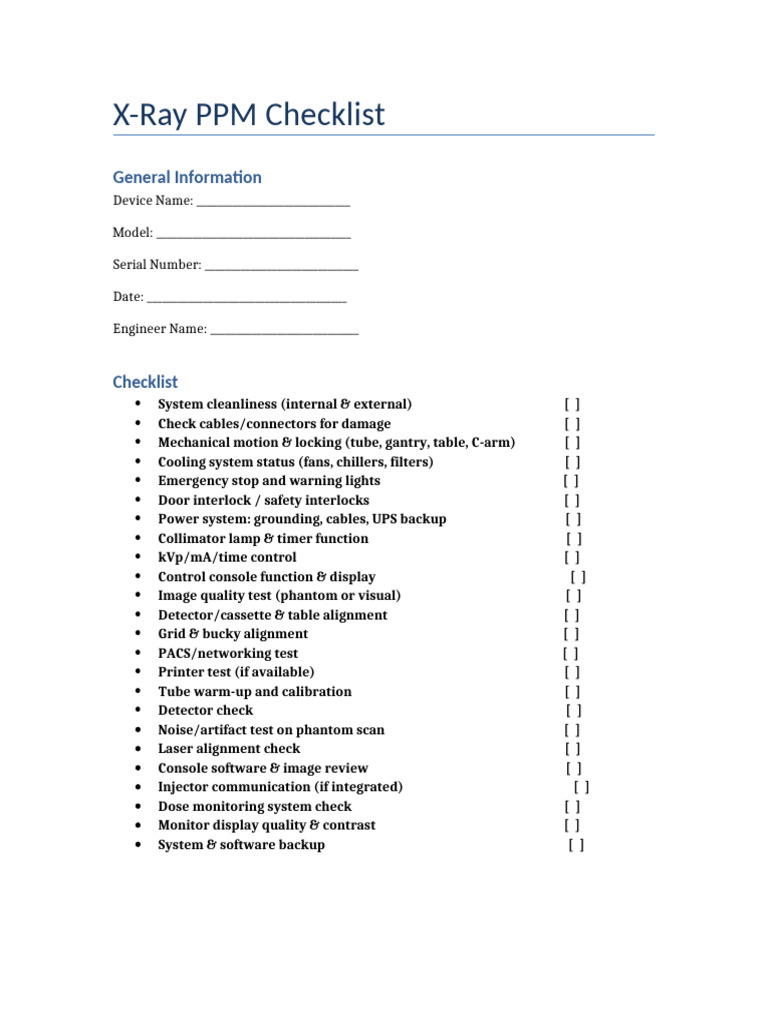 X-Ray Machine Maintenance Checklist | PDF