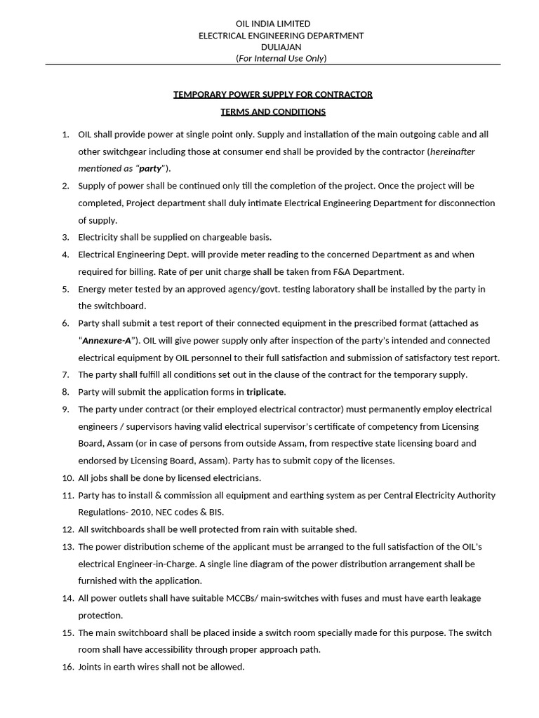Temporary Power Supply Guidelines OIL | PDF | Wire | Electrical Wiring