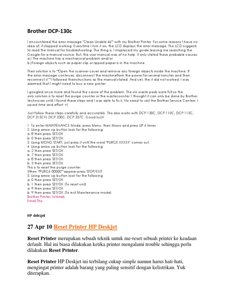 Resetting Brother DCP-130C Purge Counter | PDF | Media Technology ...