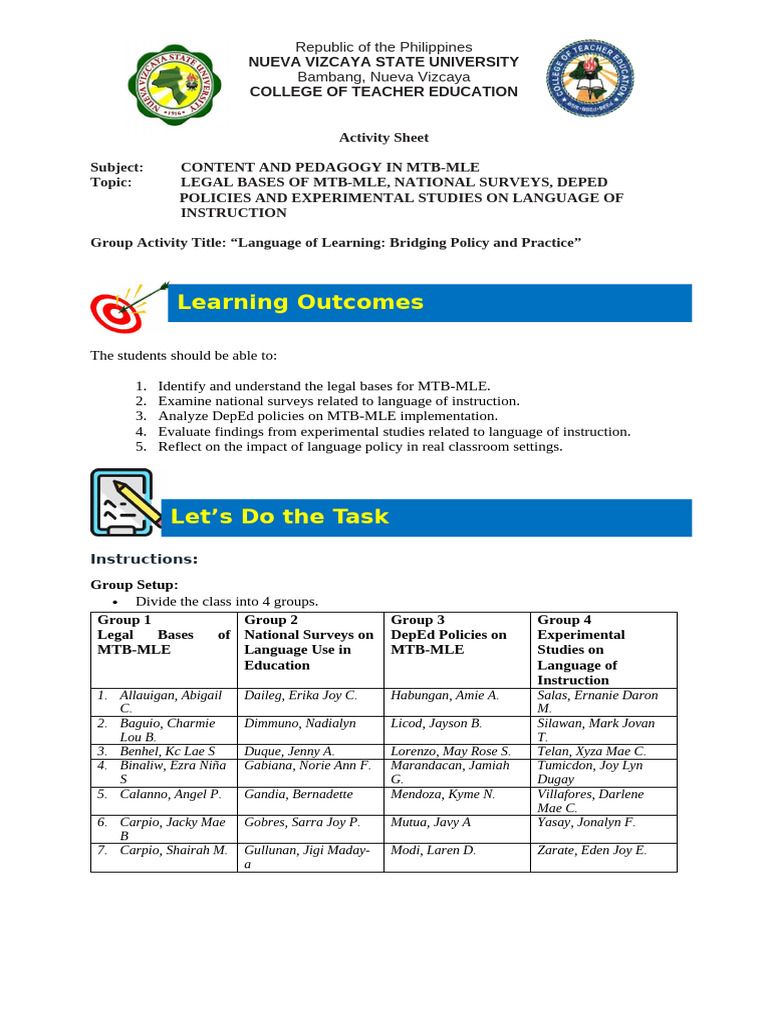 Activity Sheet Language of Learning - Bridging Policy and Practice | PDF | Pedagogy | Intelligence