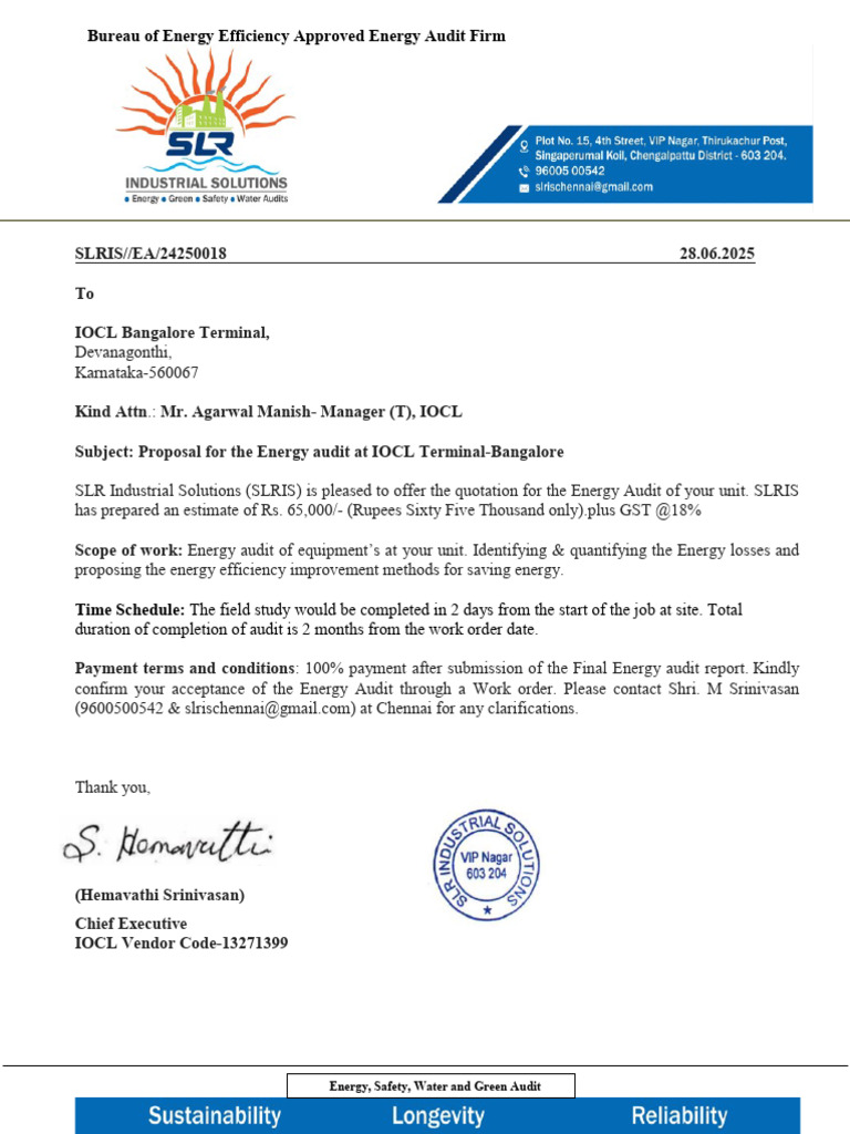 Energy Audit Proposal for IOCL Bangalore | PDF