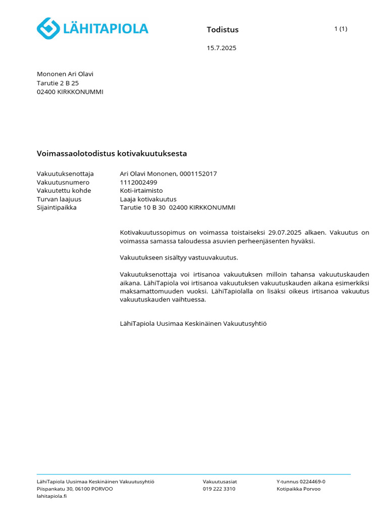 Mononen Ari Vakuutustodistus Vuokranantajalle | PDF