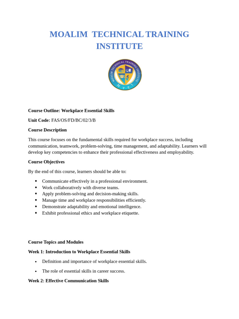 Workplace Essential Skills Course Outline | PDF | Skill | Communication