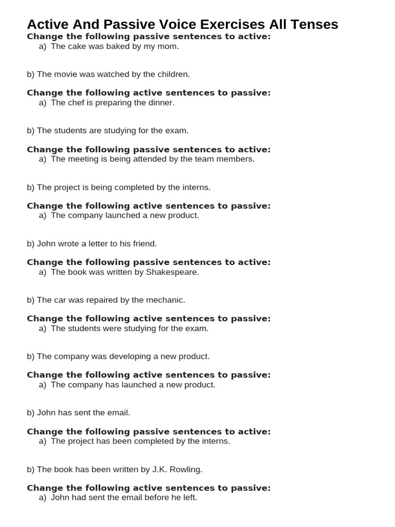 Active and Passive Voice Exercises All Tenses | PDF