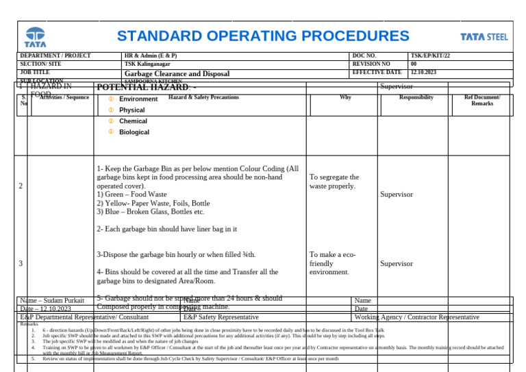 Garbage Clearance SOP for Samprona Kitchen | PDF | Waste Management ...