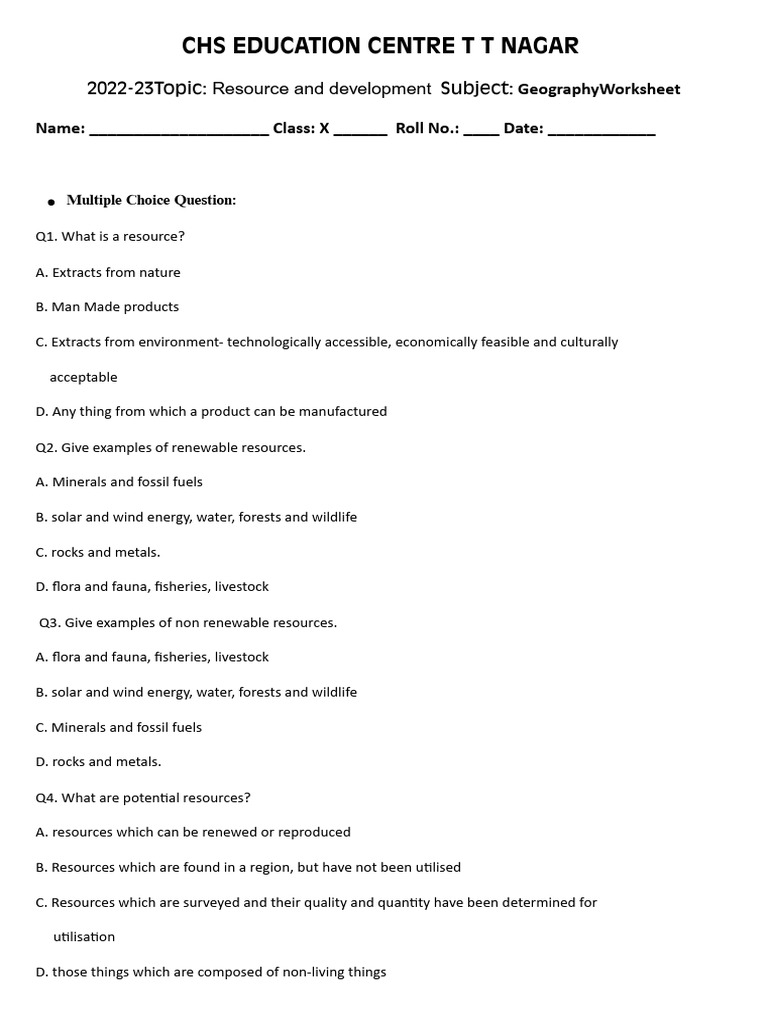Geography Worksheet on Resources & Development | PDF | Resource ...