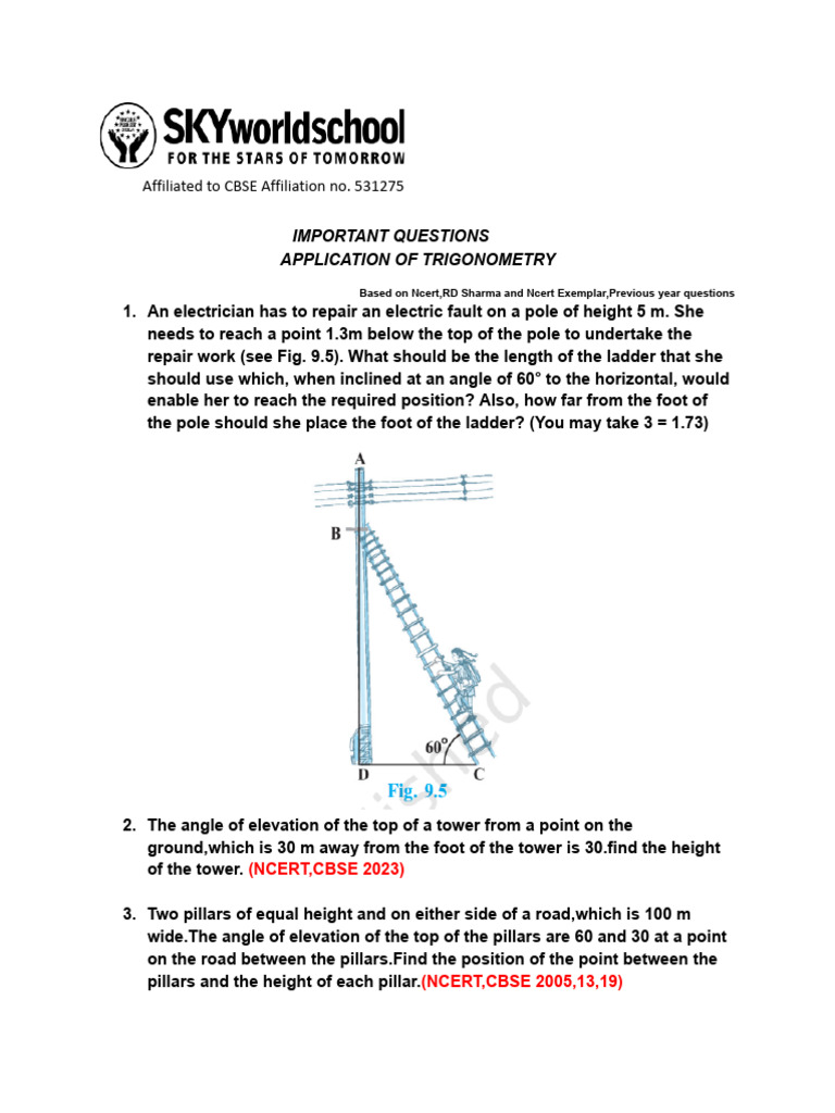 Class 10 Application of Trigonometry Worksheet | PDF | Angle