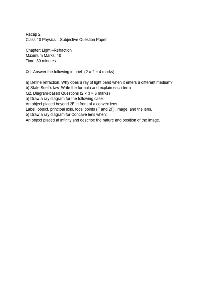 Recap 2, CH 1, Class X - Refraction | PDF