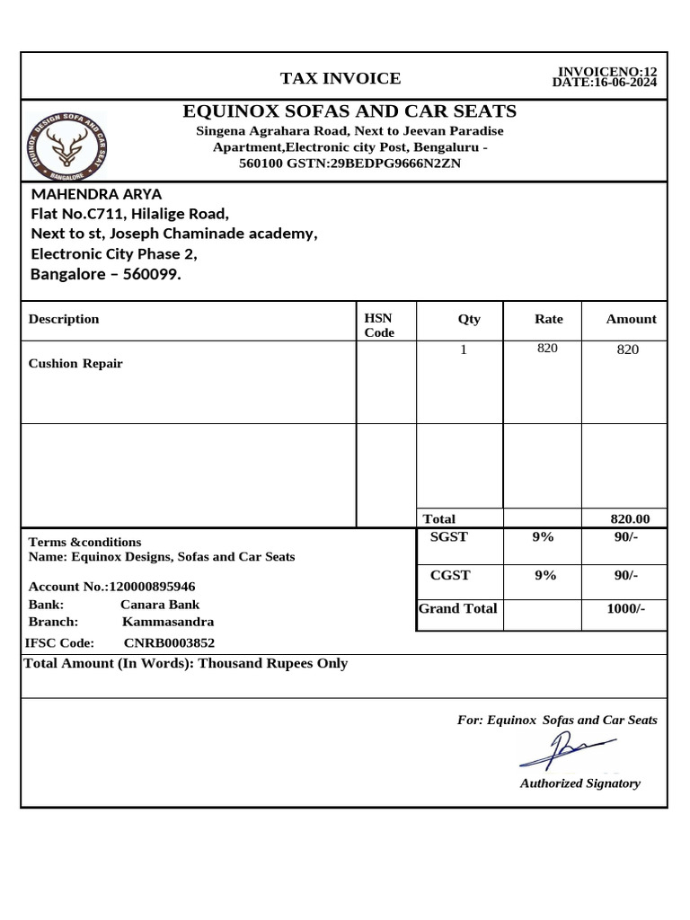 Tax Invoice for Cushion Repair Services | PDF