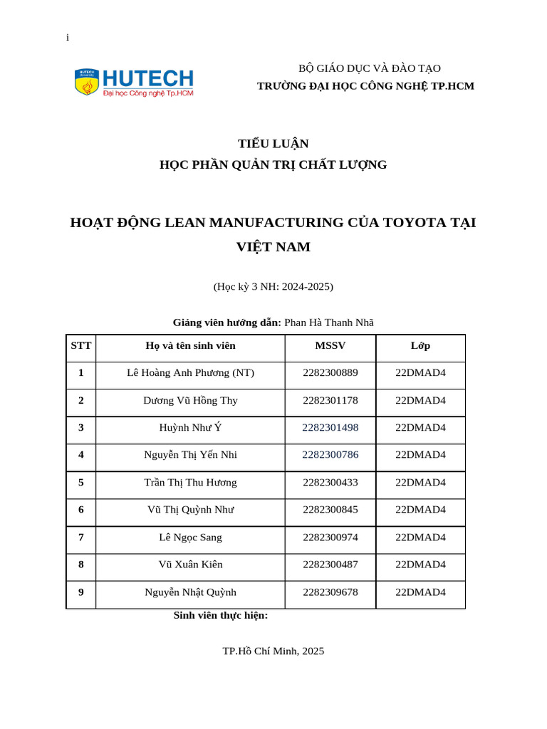 TIỂU LUẬN QUẢN TRỊ CHẤT LƯỢNG NHÓM 5 - HUTECH K22 | PDF