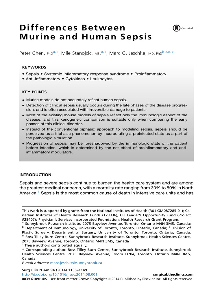 Differences Between Murine and Human Sepsis | PDF | Sepsis | Human ...