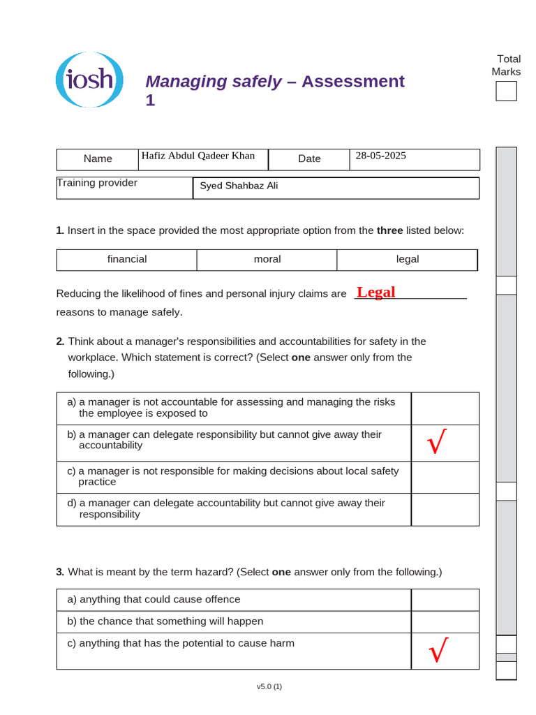 IOSH Managing Safely Assessment Answers | PDF | Risk | Occupational ...