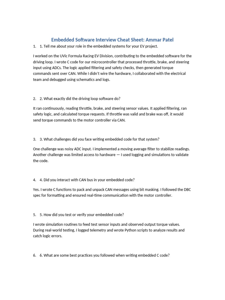 Embedded Software Interview Cheat Sheet | PDF