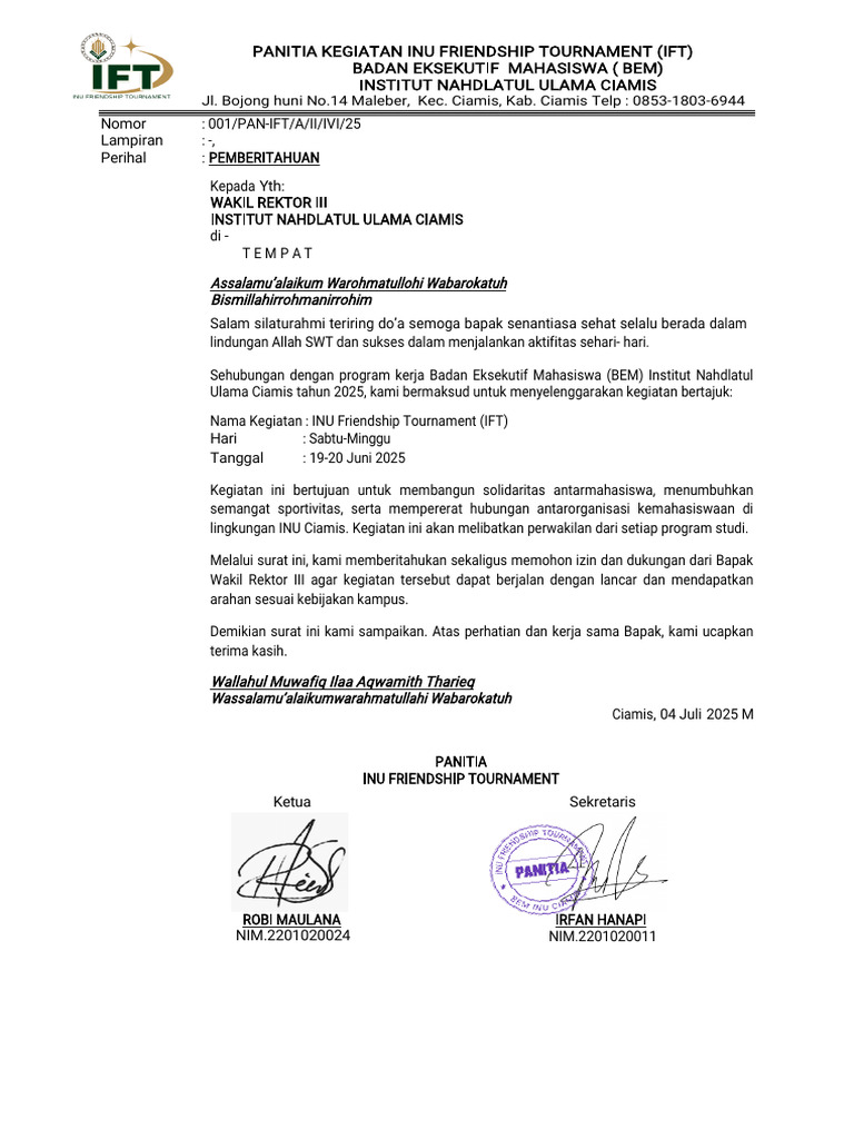 Turnamen Persahabatan INU 2025 | PDF