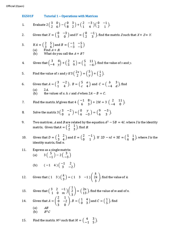 1 - Operation With Matrices | PDF | Matrix (Mathematics) | Chess Theory