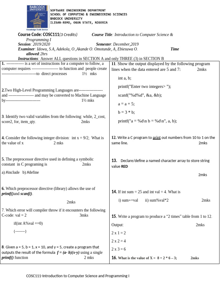 QTN S Cosc111 2019a Updated | PDF | Integer (Computer Science) | Computer Programming