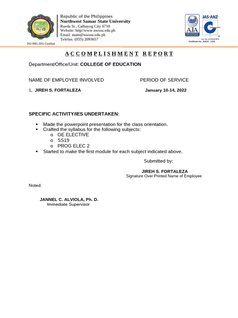 Accomplishment Report: Jireh Fortaleza | PDF