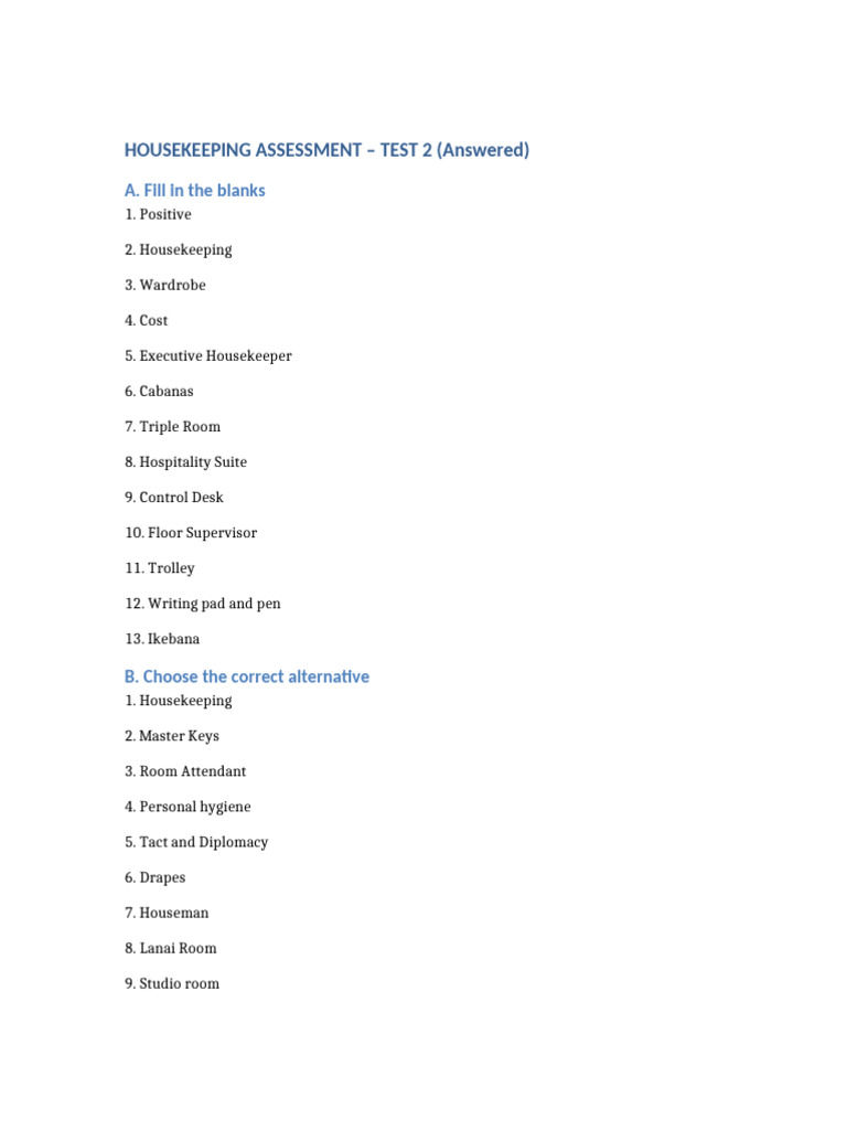 Housekeeping Assessment Answered | PDF