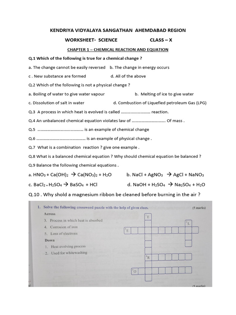 Class X Science: Chemical Reactions Worksheet | PDF