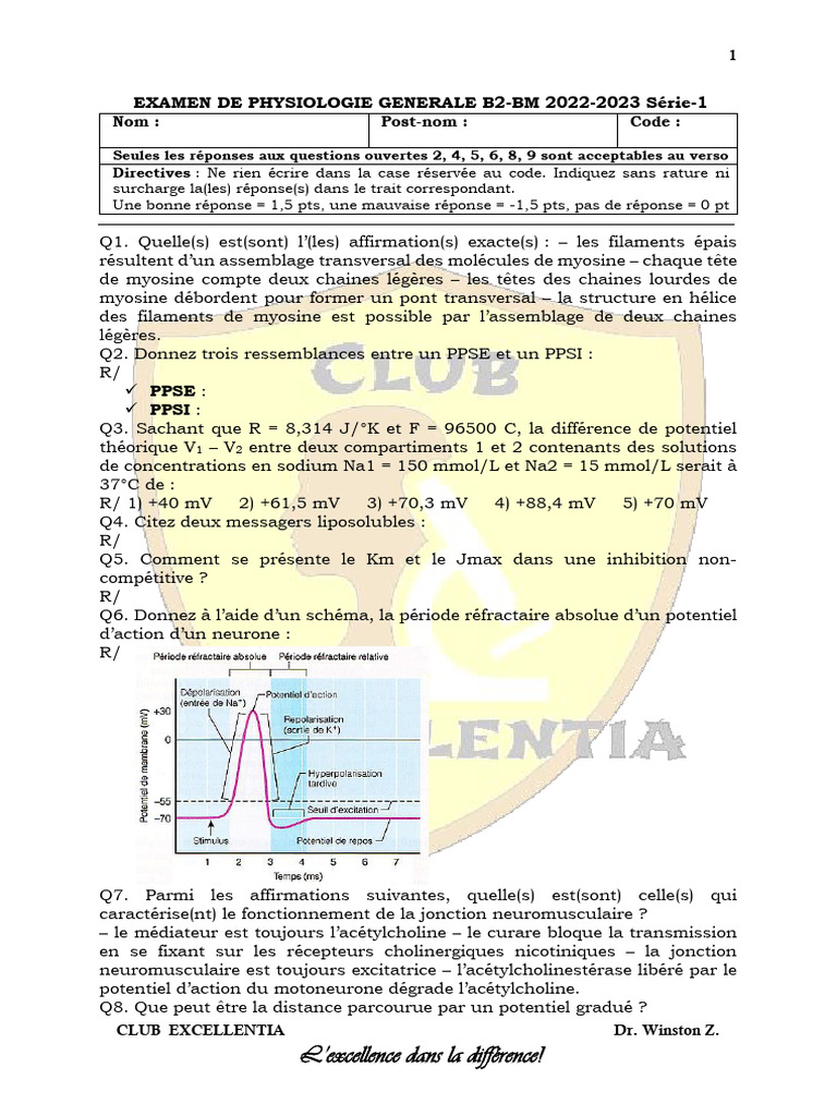 Examen de Physiologie Générale B2-BM 2022-2023 | PDF | Contraction du ...