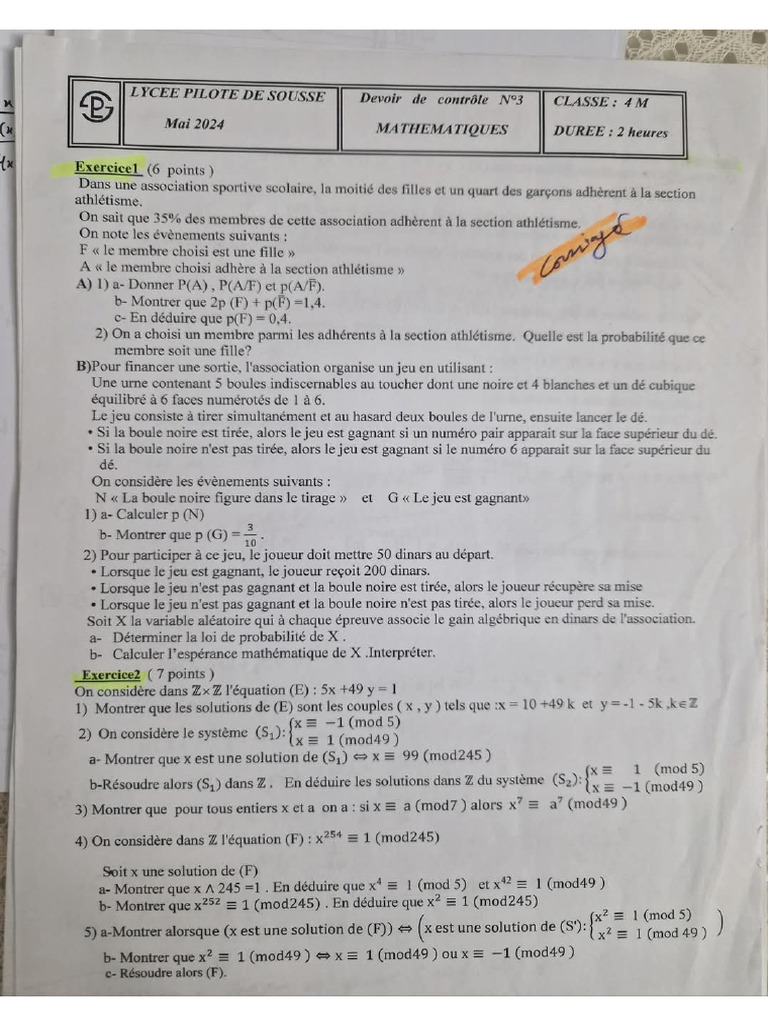Contrôle 3 Bac Math | PDF