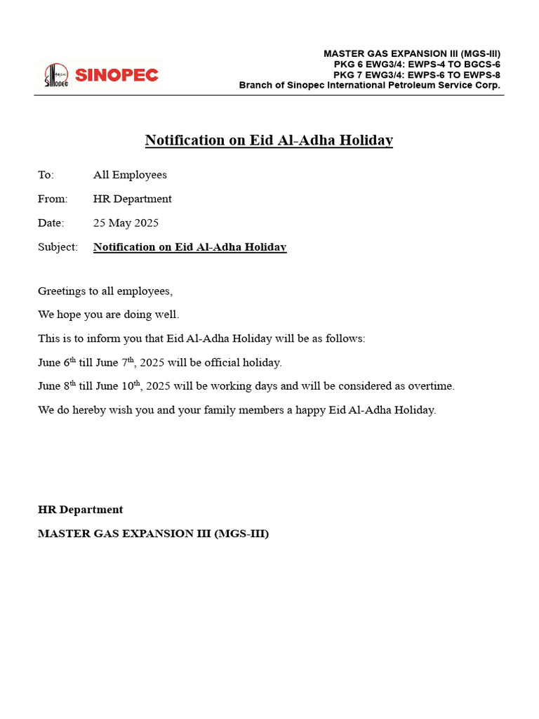 Notification On Eid AI-Adha Holiday | PDF