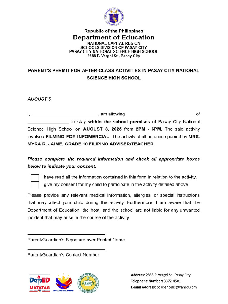 Parent's Permit for After-Class Activities | PDF