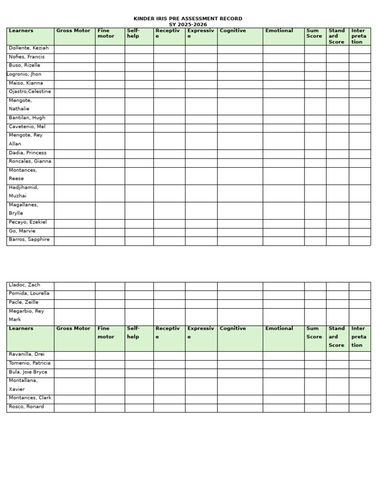 2025 Kinder Iris Pre Ecd Assessment Record | PDF