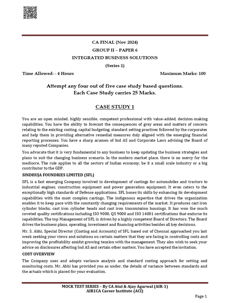 IBS 1 Question Paper | PDF | Expense | Cost