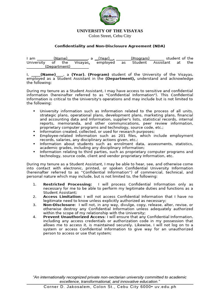 NDA for Student Assistants at UV | PDF | Non Disclosure Agreement ...