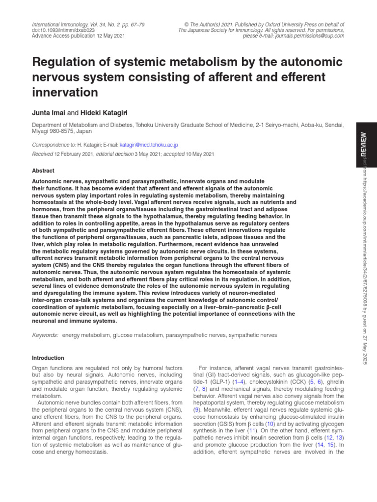 Regulation os systemic metabolism by autonomic nervous system ...