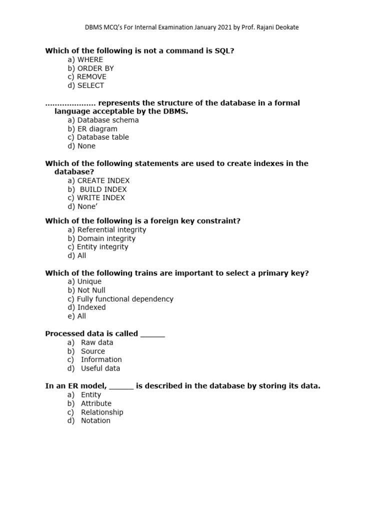 DBMS MCQs for January 2021 Exam | PDF | Databases | Relational Model