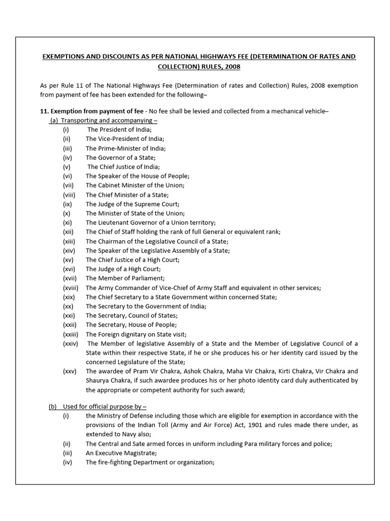 Toll Tax Exemptions and Discounts 2008 | PDF | Fee | Government