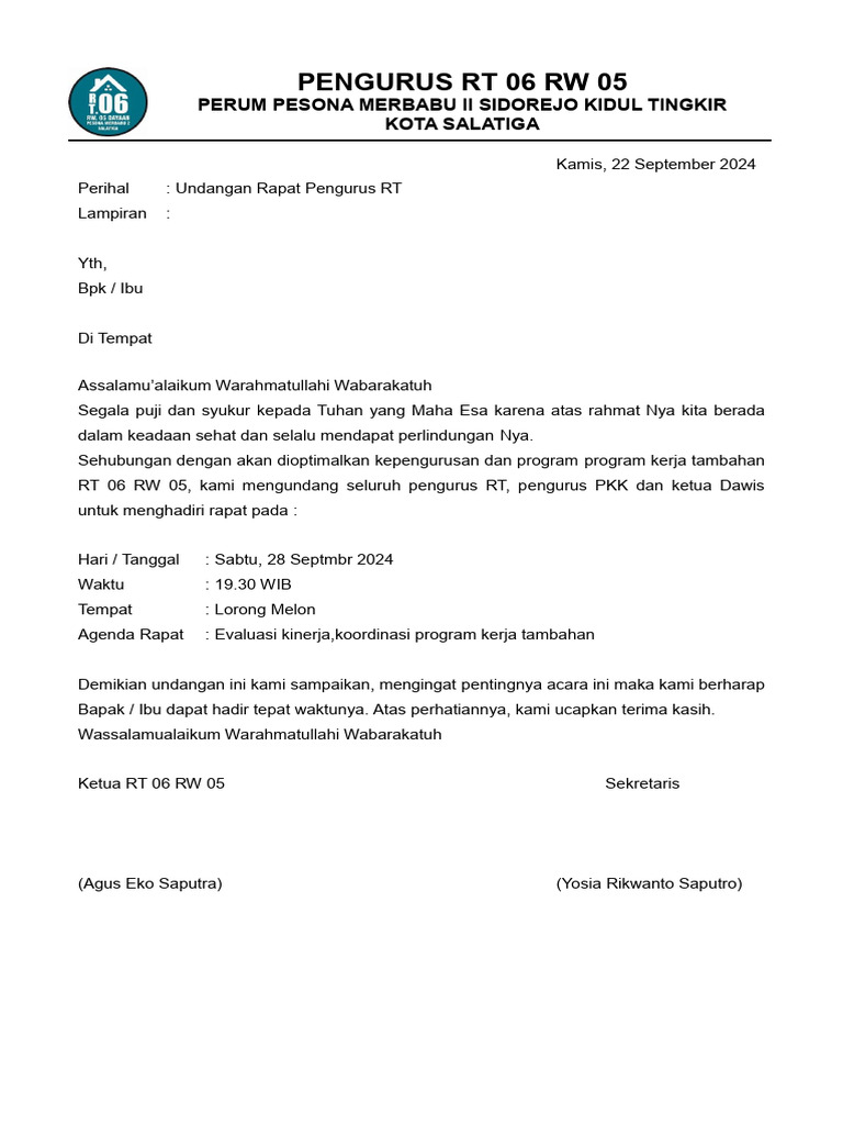 Undangan Rapat Pengurus RT 06 Salatiga | PDF