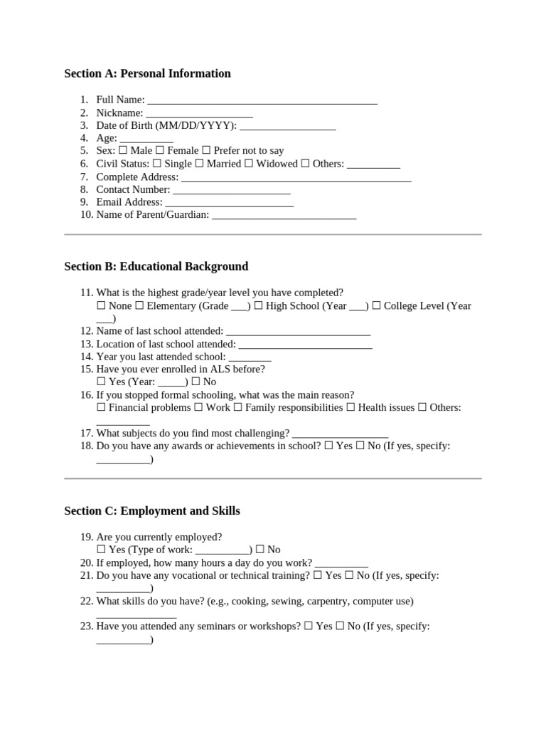 Alternative Learning System Enrollment Form | PDF
