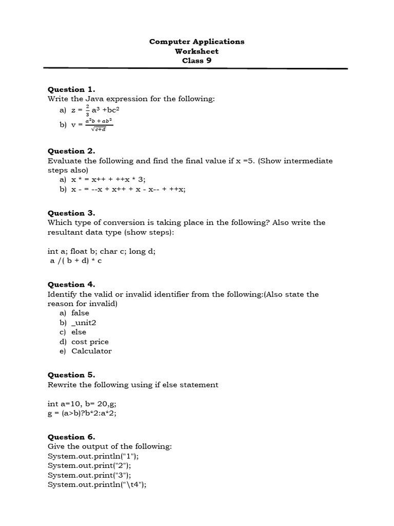 ComputerApplications Worksheet Class9 | PDF