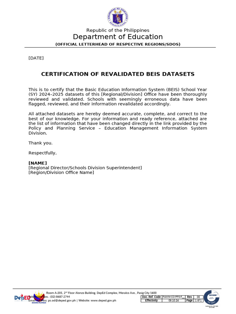 Certification Template For Revalidated BEIS | PDF