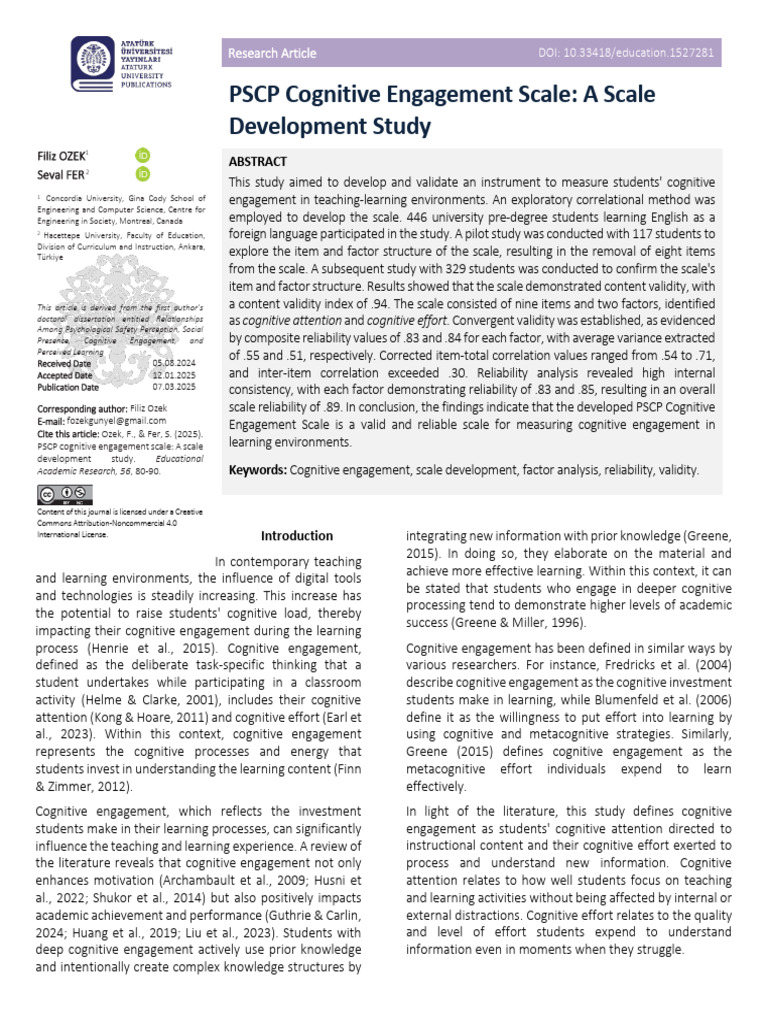PSCP Cognitive Engagement Scale Development | PDF | Cognition ...
