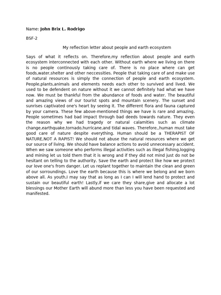 John Brix's Reflection On People and Earth Ecosystem | PDF