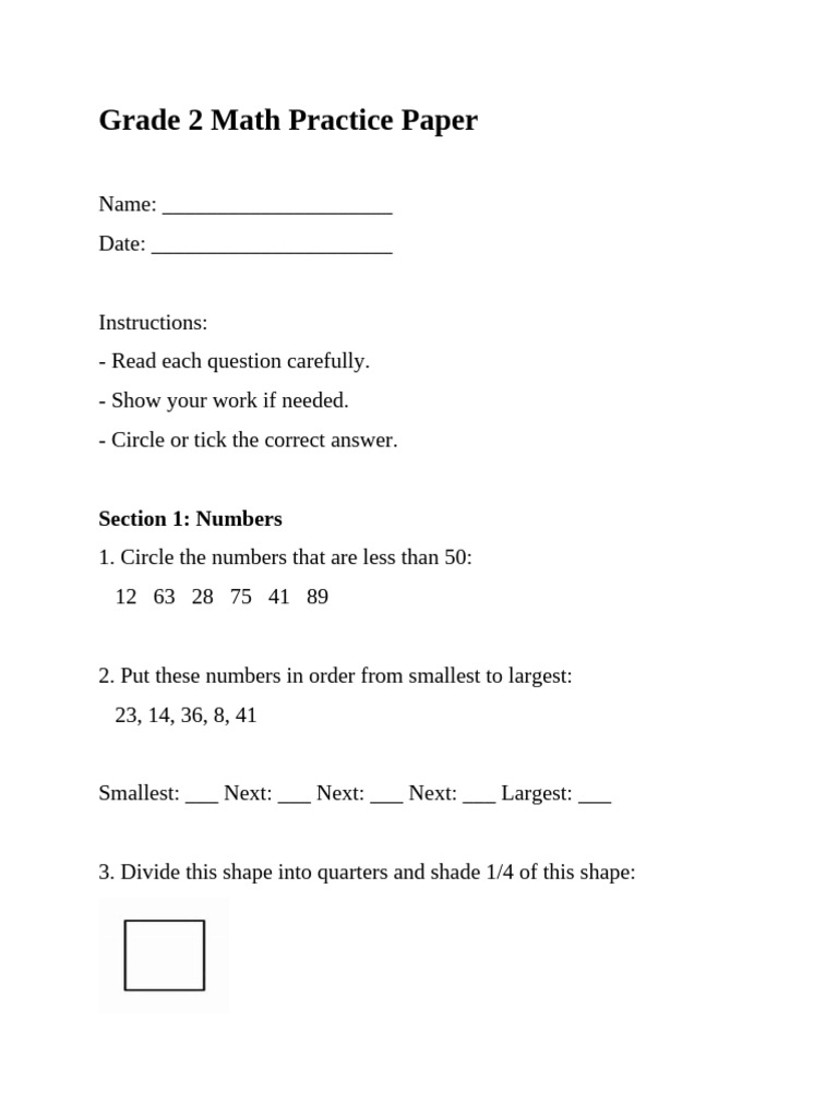 Grade 2 Math Practice Paper | PDF