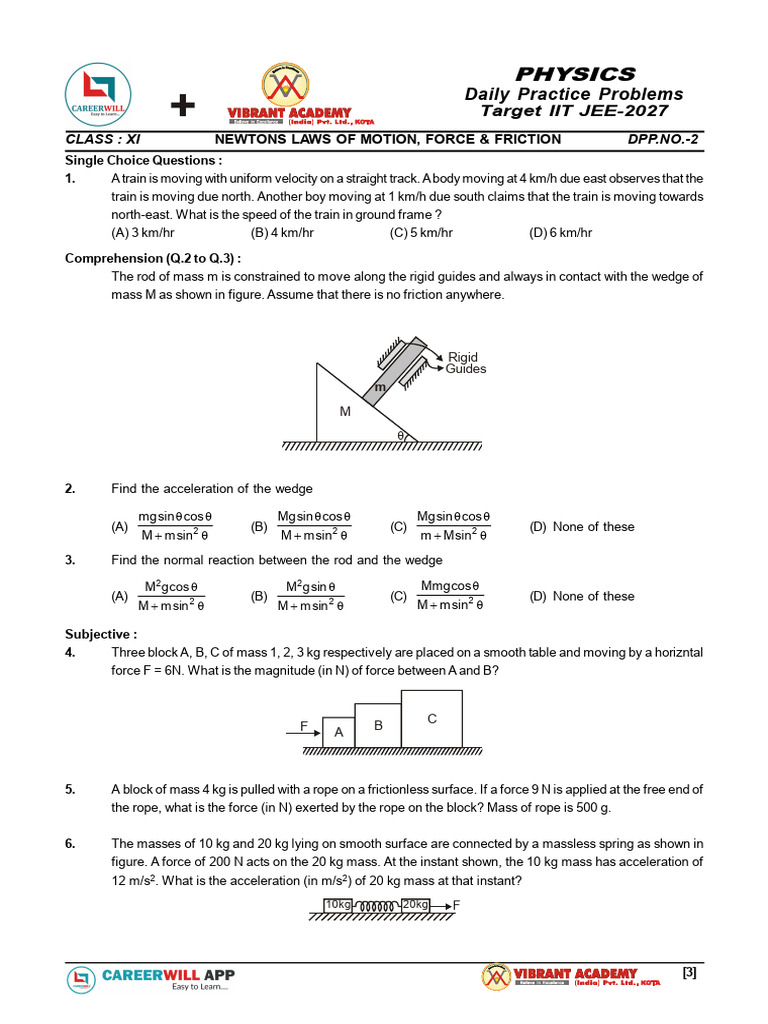 Physics - XI - NLM & Friction - DPP-2 - Careerwill | PDF | Force | Mass