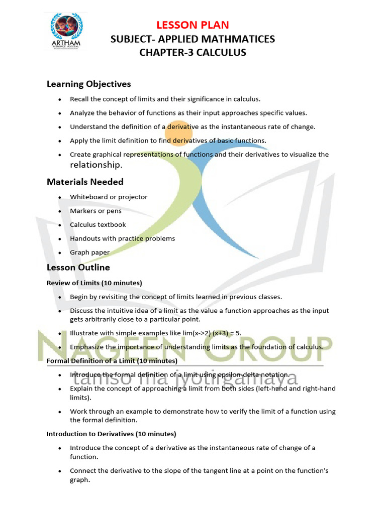 Class 12 Lesson Plan Applied Mathamtic Chapter 3 | PDF | Derivative ...