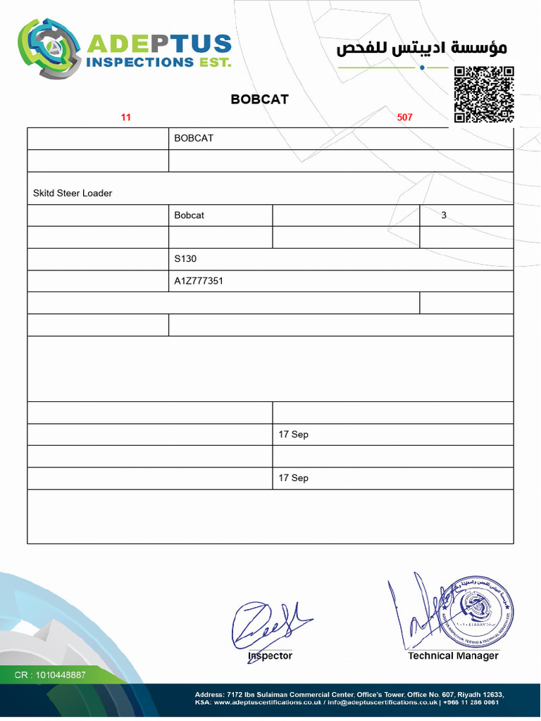 Bobcat S130 Inspection Certificate 2024 | PDF
