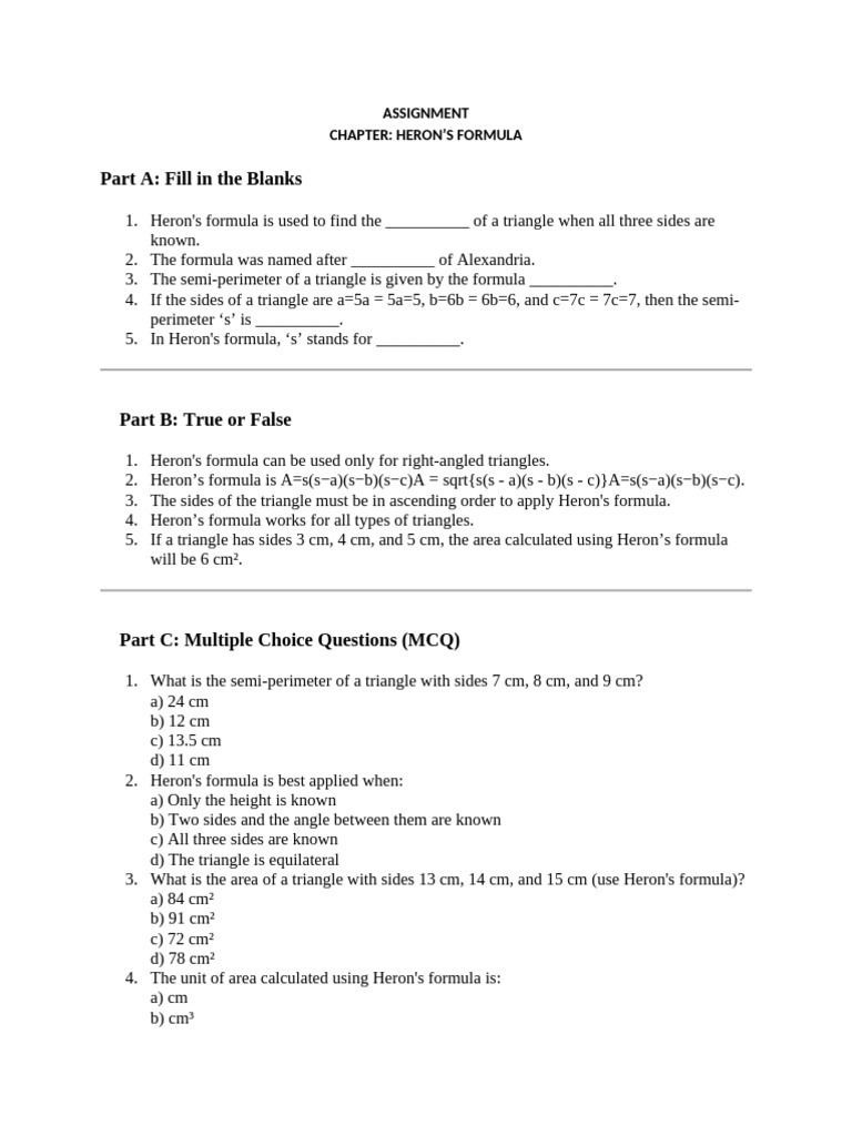 Assignment (Heron's Formula) | PDF | Area | Geometric Measurement